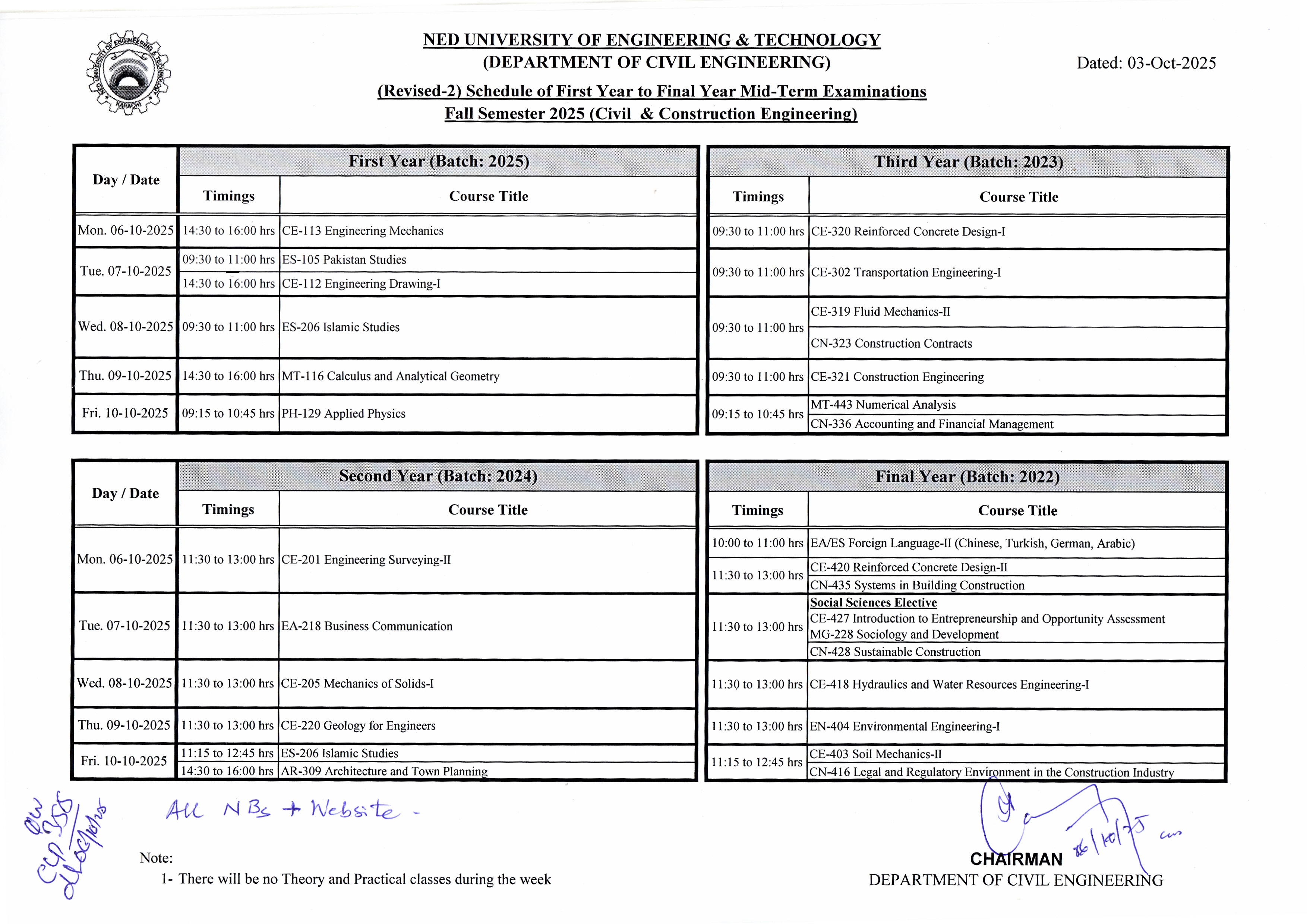 Mid Term Timetable | Department of Civil Engineering - NED University